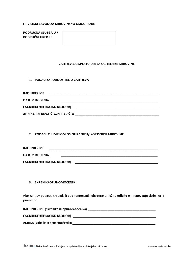 Tiskanica - 1 4a Zahtjev Za Isplatu Dijela Obiteljske Mirovine | PDF