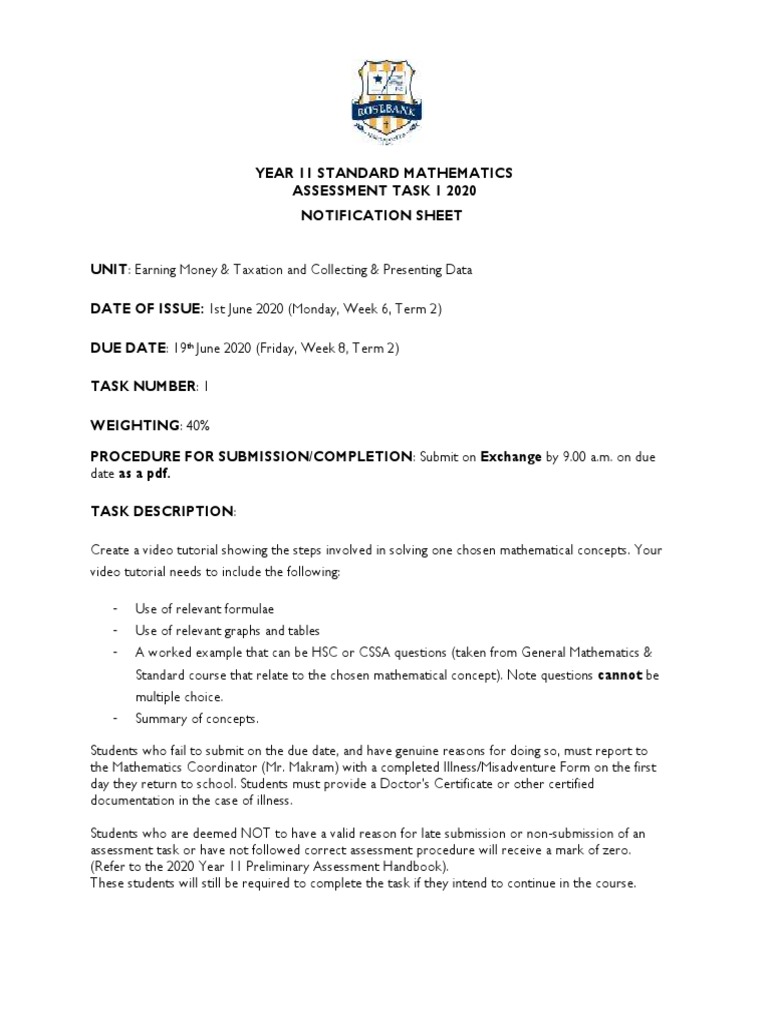 Year 11 Standard Task 1 Notification | PDF | Mathematics | Value Added Tax