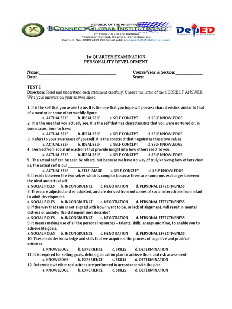 1st QUARTER EXAMINATION PERSONALITY DEVELOPMENT | PDF | Adolescence ...
