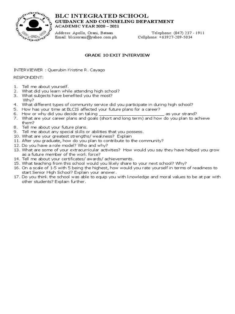 Grade 10 Exit Interview Insights | PDF | Career & Growth