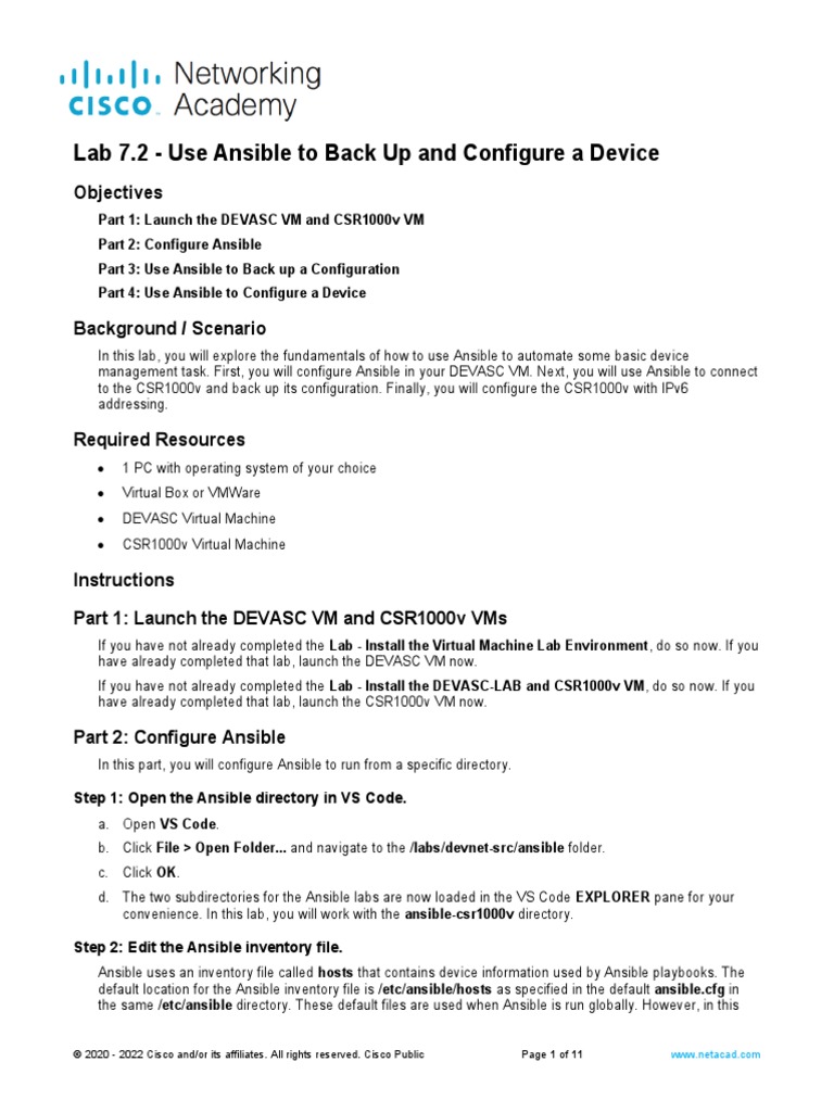 Lab 7.2 - Use Ansible To Back Up and Configure A Device | PDF