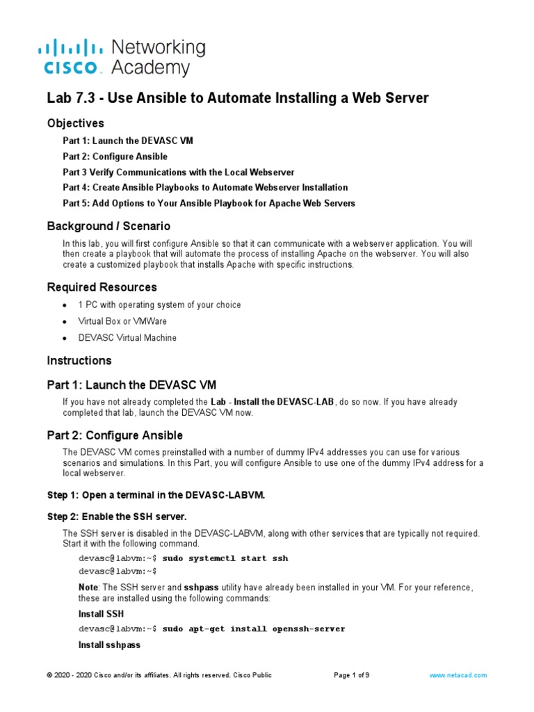 Lab 7.3 - Use Ansible To Automate Installing A Web Server | PDF