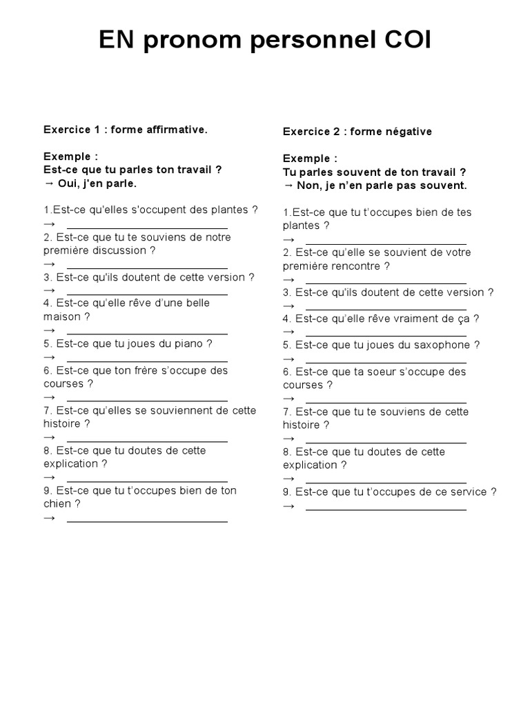 Exercices sur le pronom COI "en" | PDF | Arts du langage et discipline