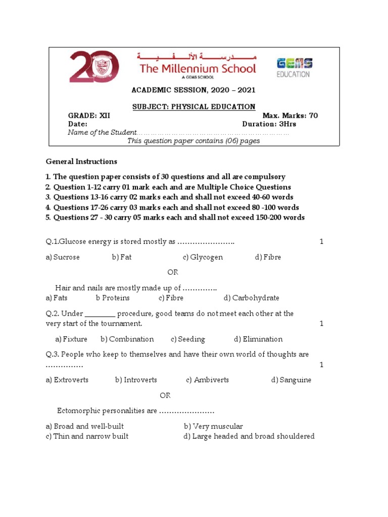 SAMPLE QUESTION PAPER --PE | PDF | Body Mass Index | Health Sciences