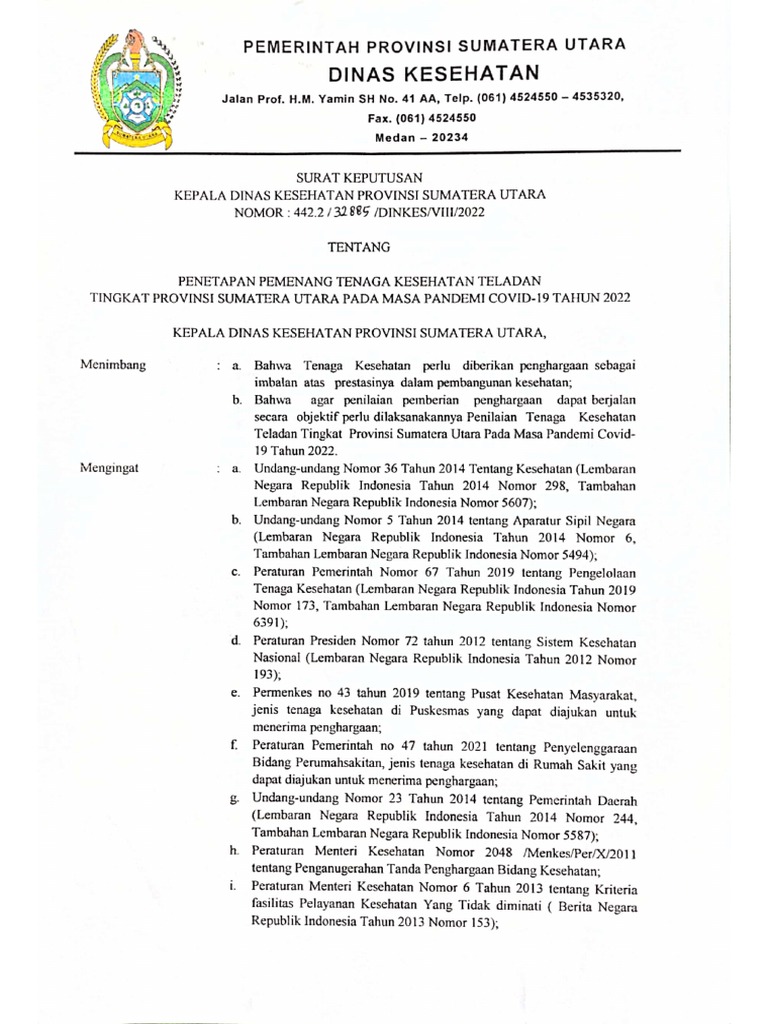 SK Pemenang Nakes Teladan Prov. Sumatera Utara 2022 | PDF