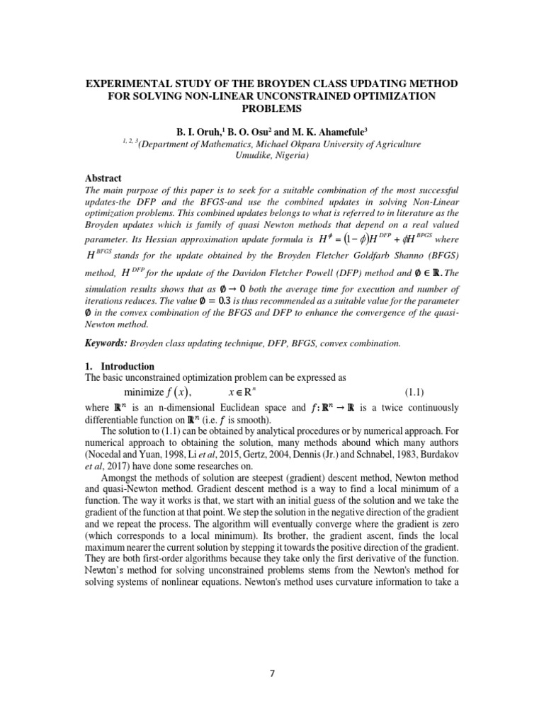Experimental Study of The Broyden Class Updating Method For Solving Non-Linear Unconstrained ...