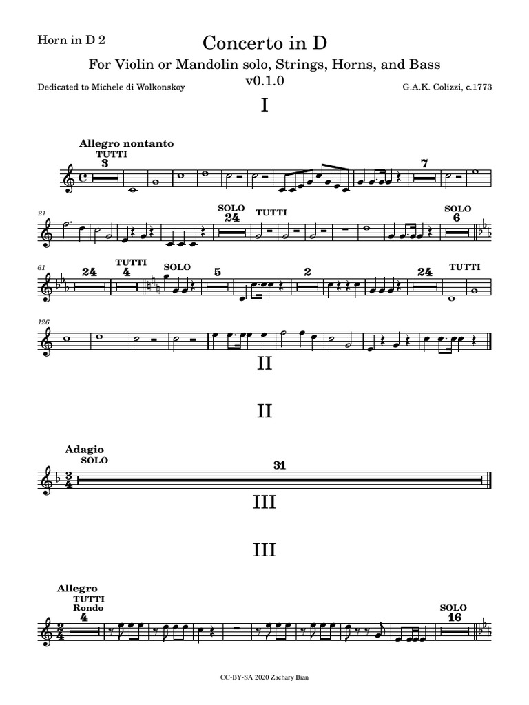 Colizzi-Mandolin Concerto in D-Horn in D 2 | PDF | Concerto | Classical ...