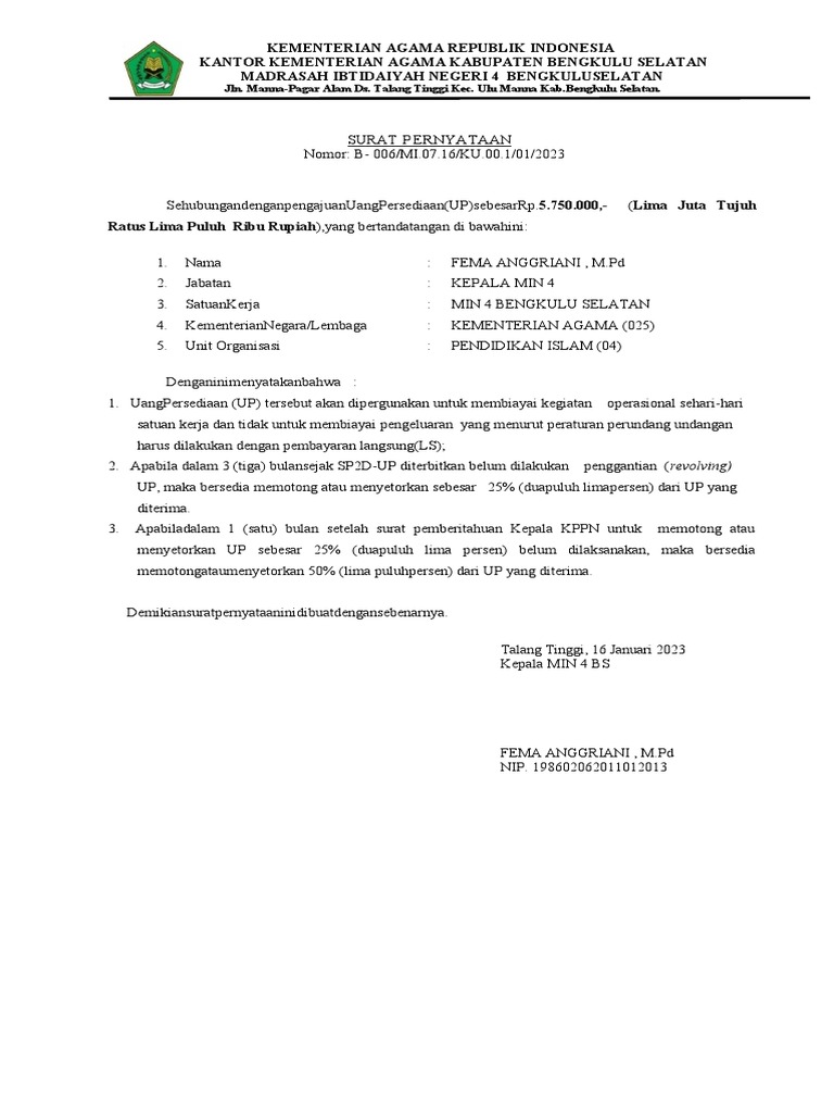 Surat Min 4 Pernyataan Up Januari 2023 Baru | PDF