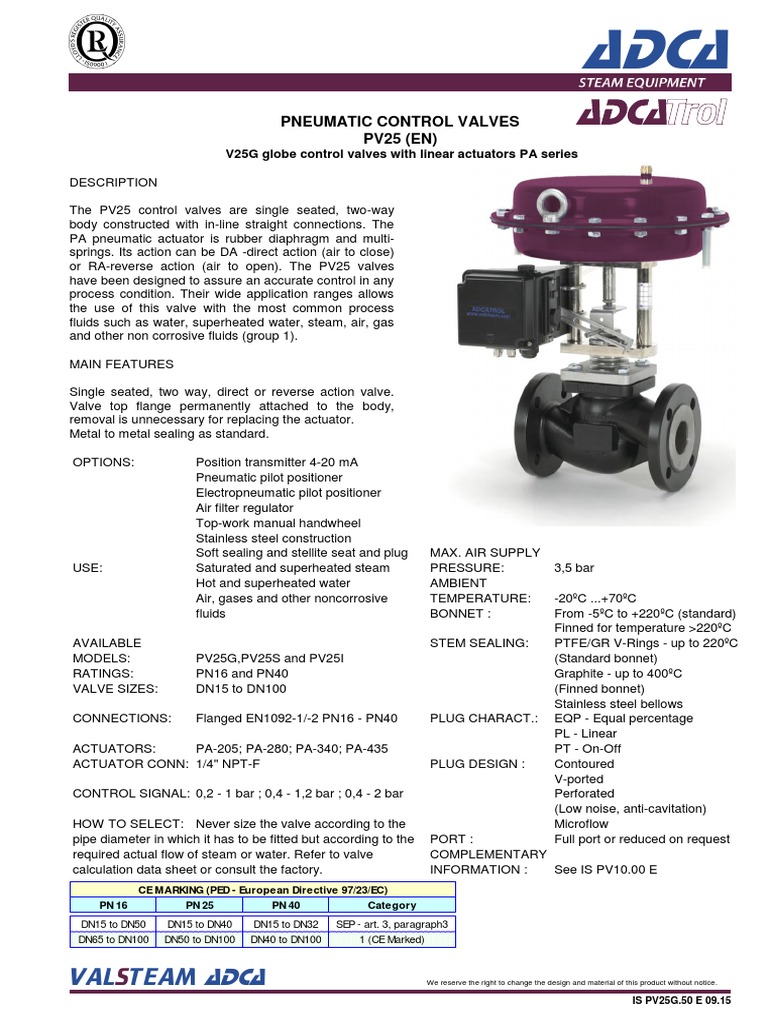 PV25 Pneumatic Control Valves Overview | PDF | Valve | Actuator