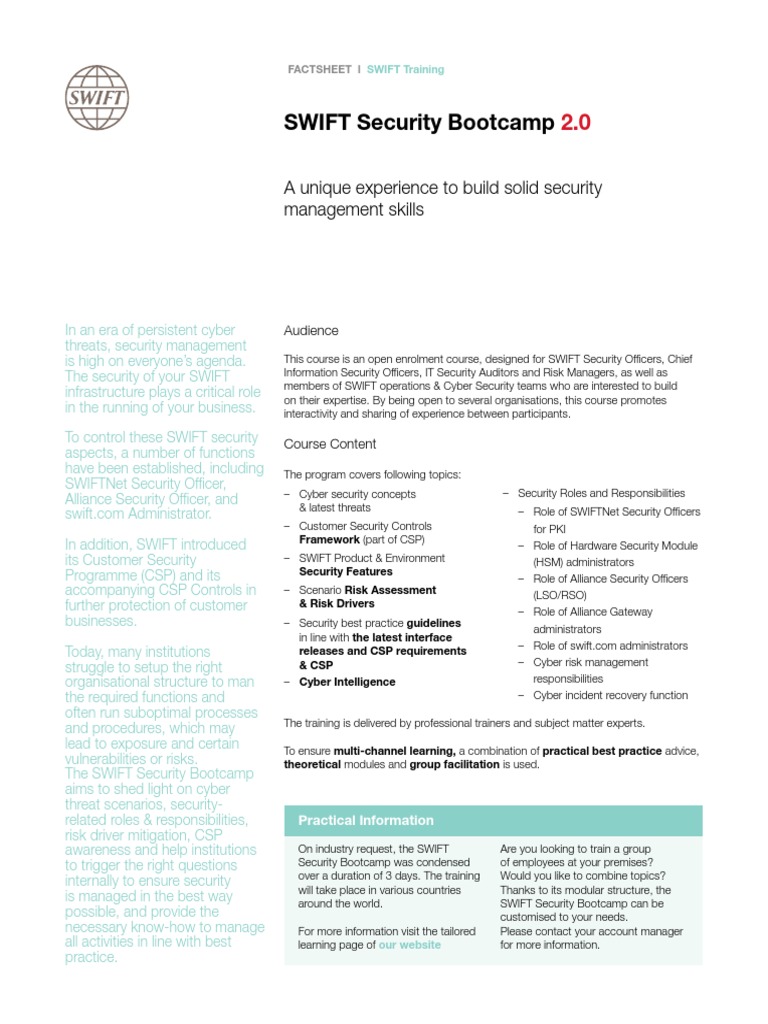 Swift Factsheet Security Bootcamp 2.0 v3 | PDF | Computer Security | Security