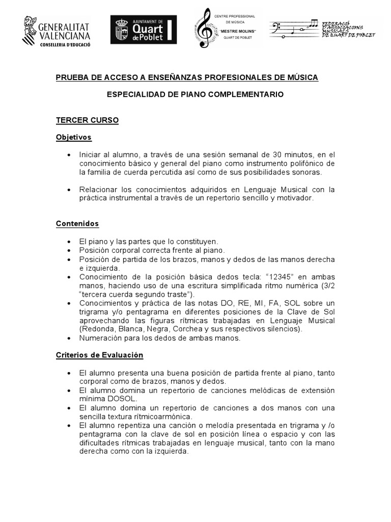 Contenido Prueba Piano Complementario | PDF