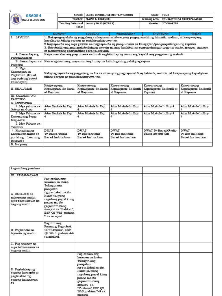 DLL g4 q2 Week 8 (English, Esp, Math) | PDF