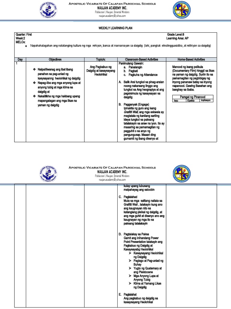 Weekly Learning Plan-AP 8 | PDF