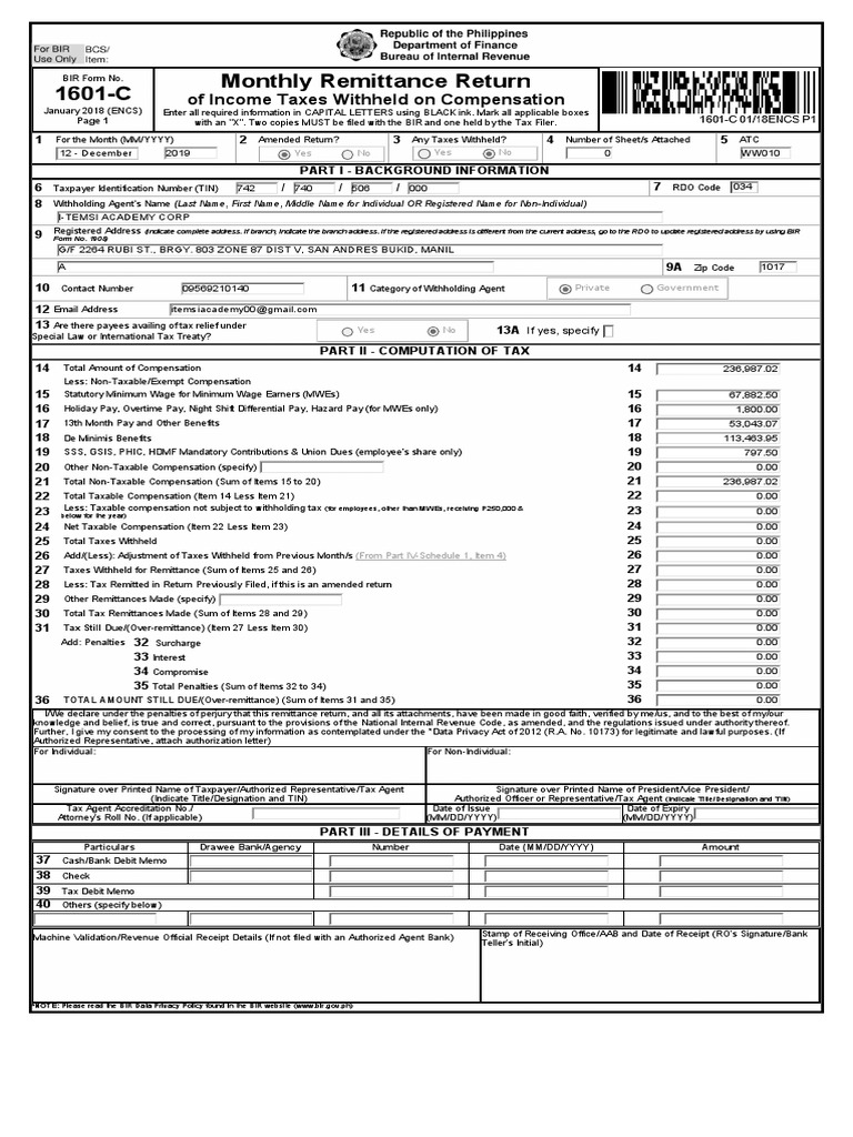 1601C 122019 Itemsi | PDF | Invoice | Taxes