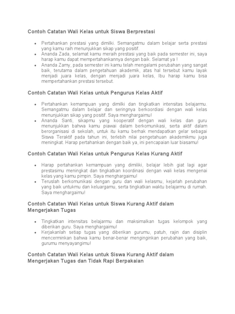 Contoh Catatan Wali Kelas | PDF