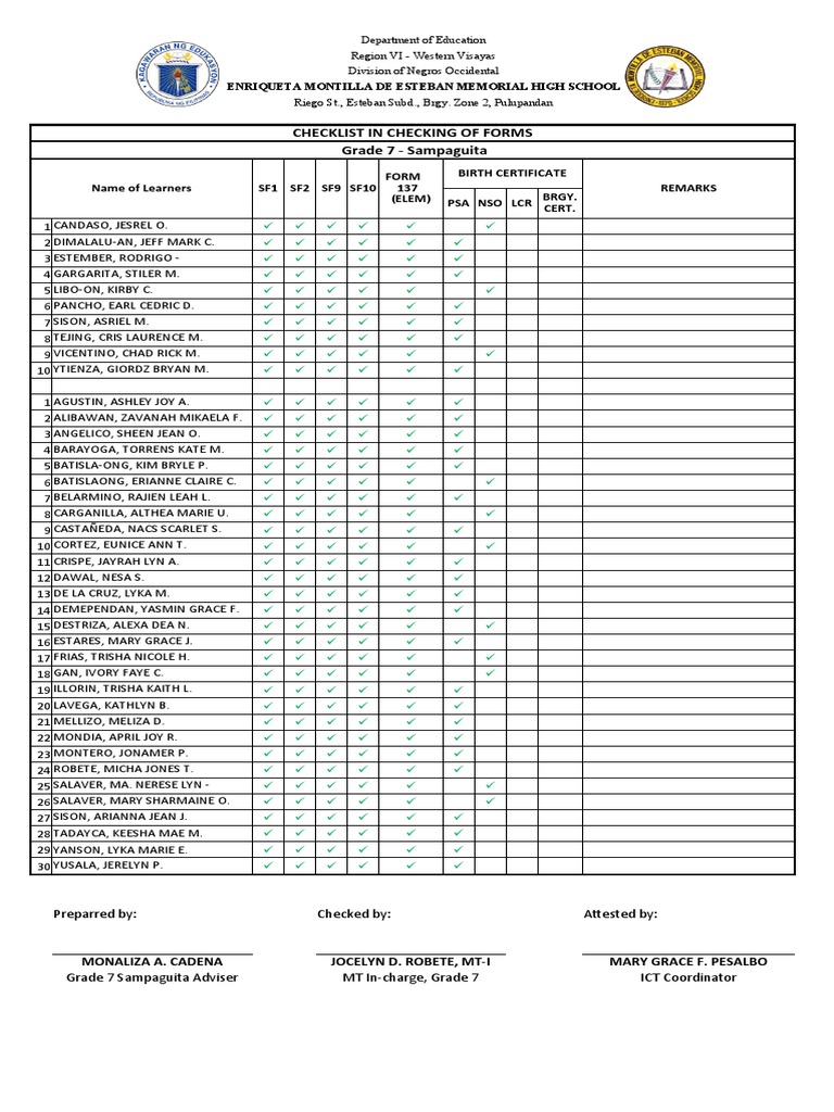 Checklist-For-Checking-Of-Forms (Grade 8 - Seagull) | PDF