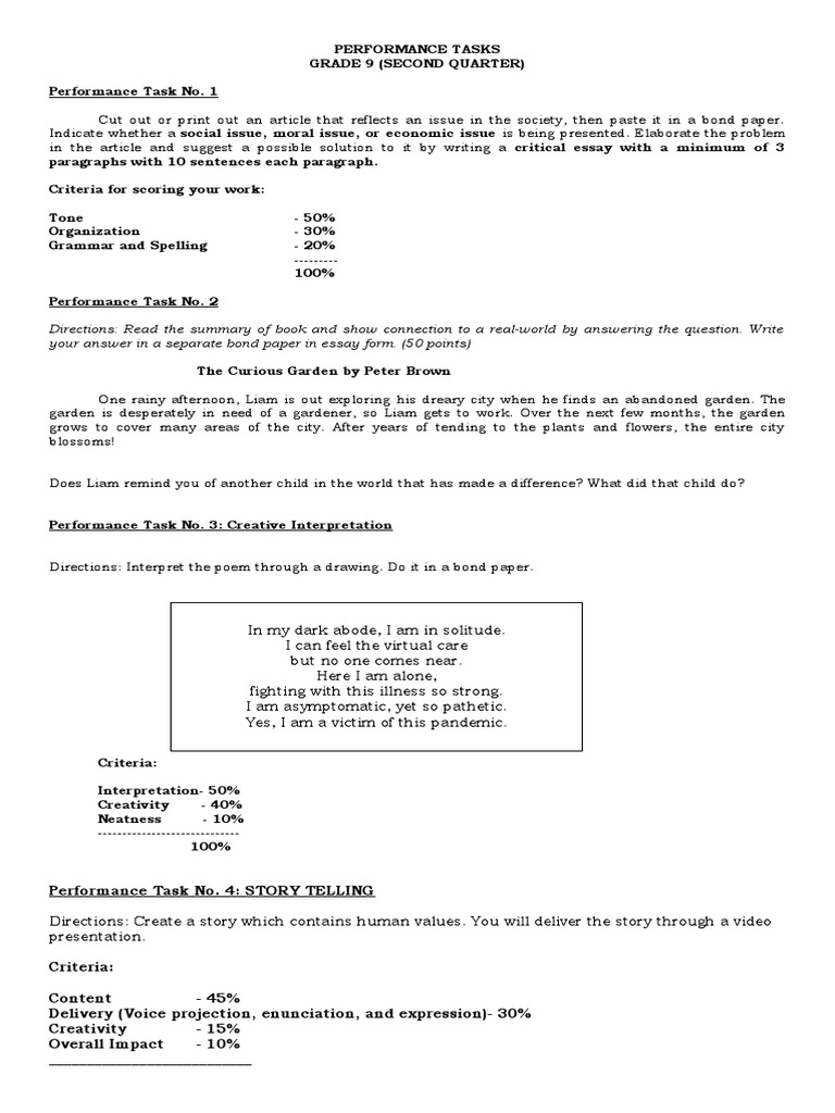 Grade 9 Arts & English Performance Tasks | PDF | Art | General Fiction