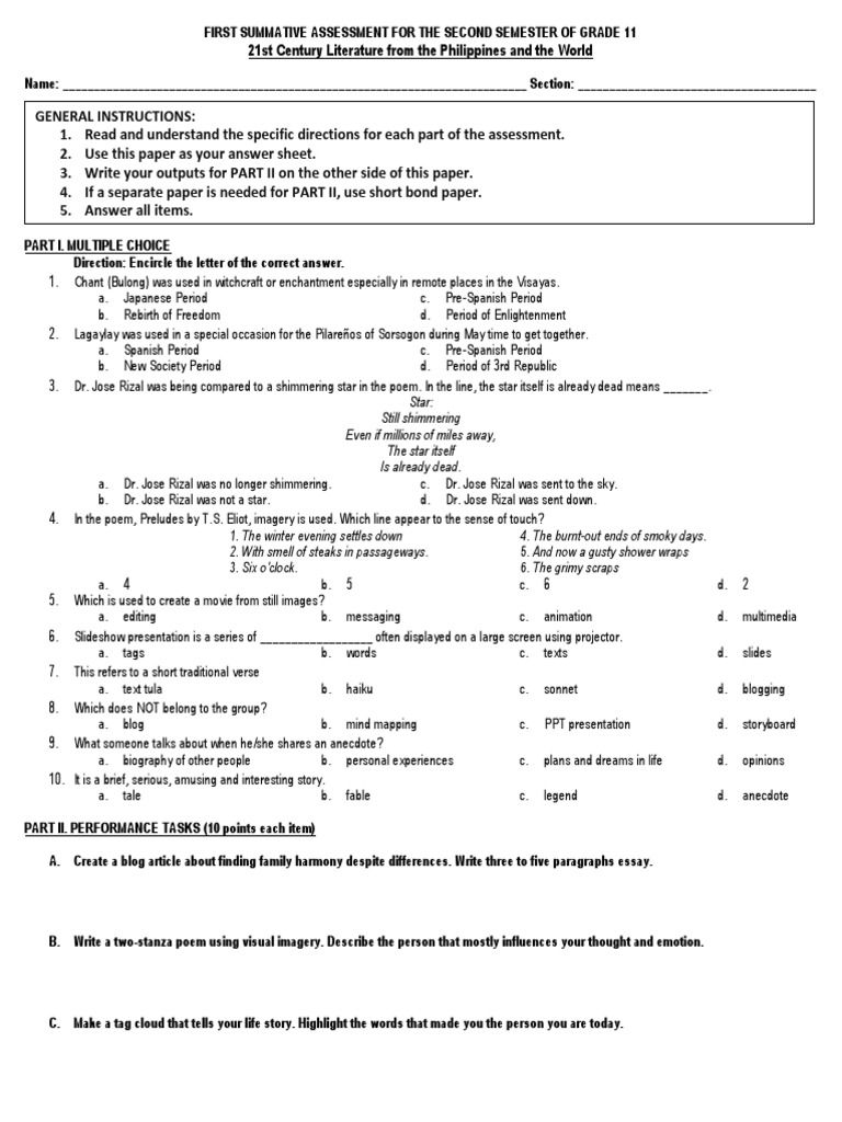 Literature - FIRST SUMMATIVE ASSESSMENT FOR THE SECOND SEMESTER | PDF