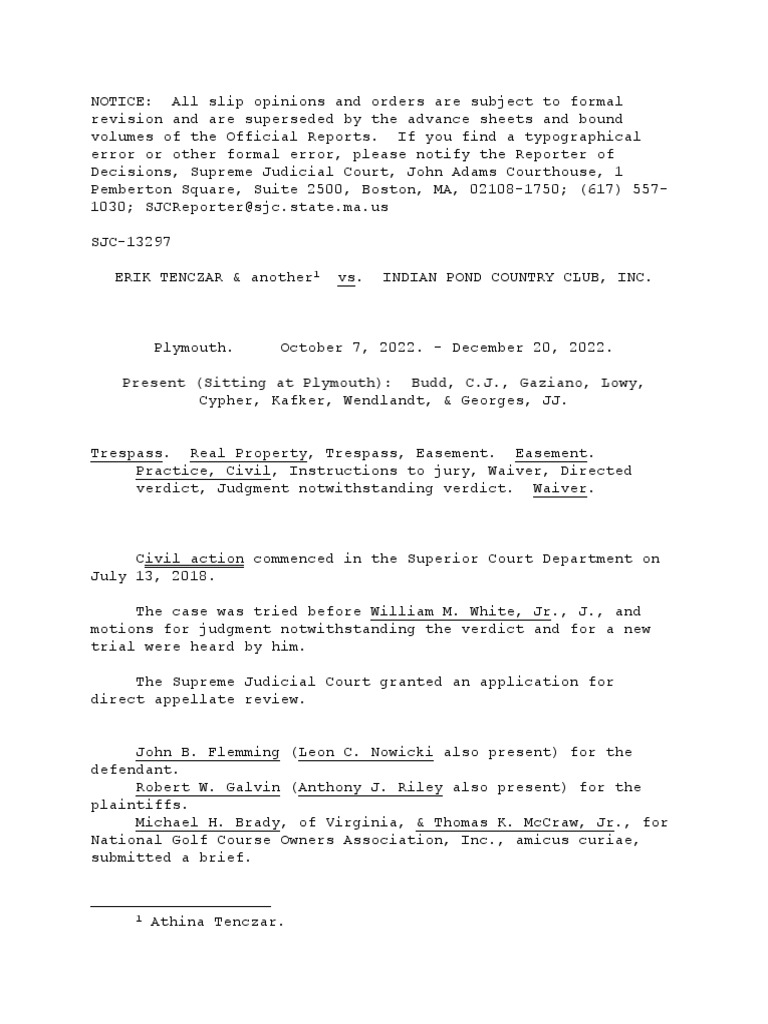 Tenczar v. Indian Pond Country Club, Inc., 491 Mass. 89 (Dec. 20, 2022 ...