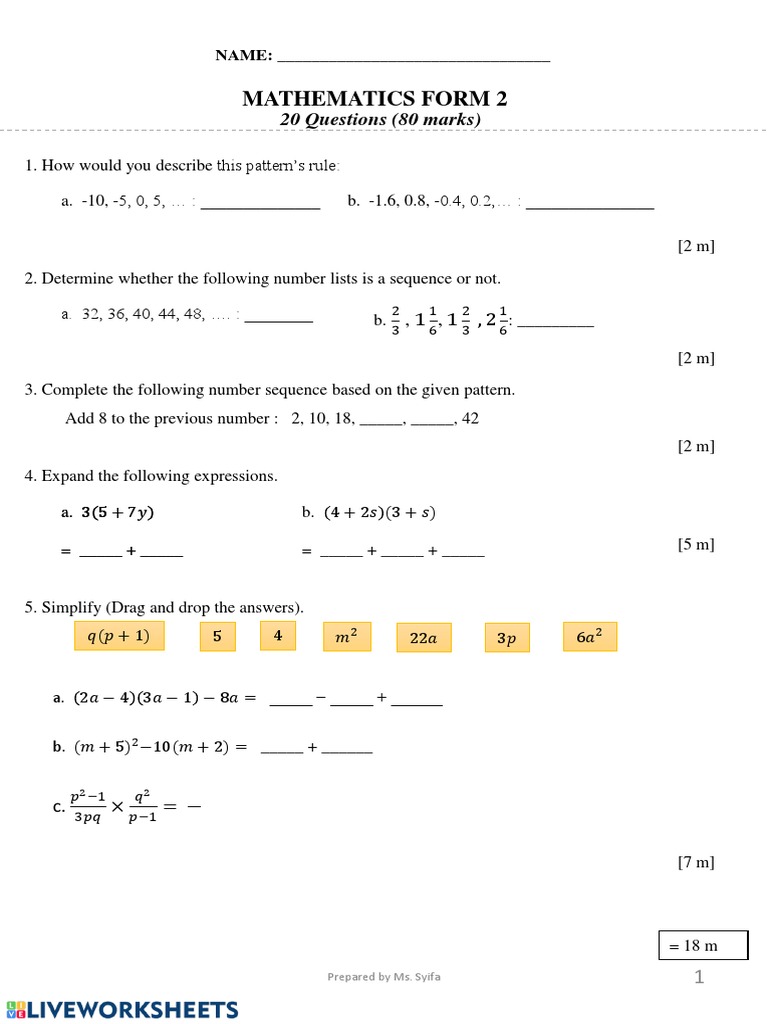 Mathematics Form 2: 20 Questions (80 Marks) | PDF | Area | Circle