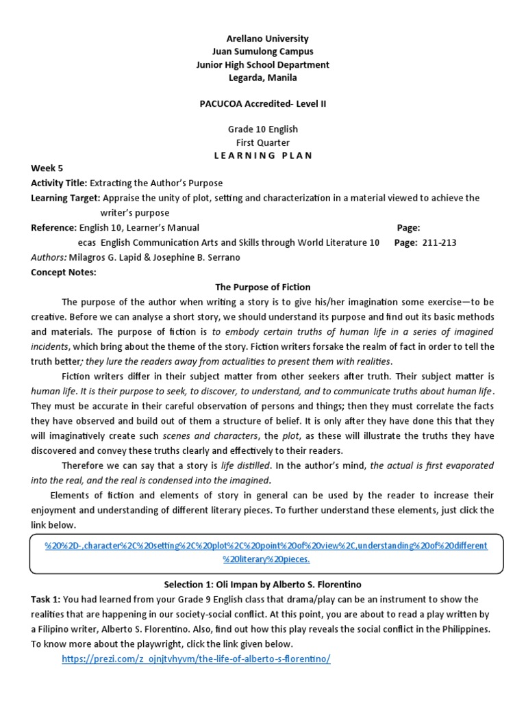 English 10 Lesson 5 - DLP Activity | PDF | Plot (Narrative) | Truth