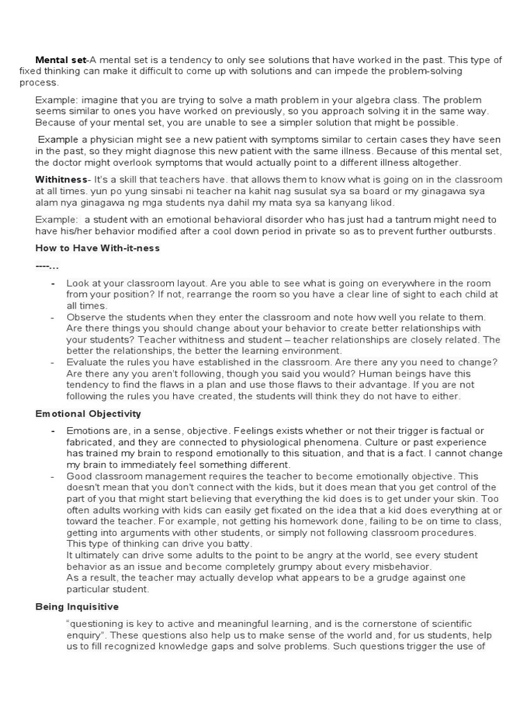 Mental Set | PDF | Learning | Classroom Management