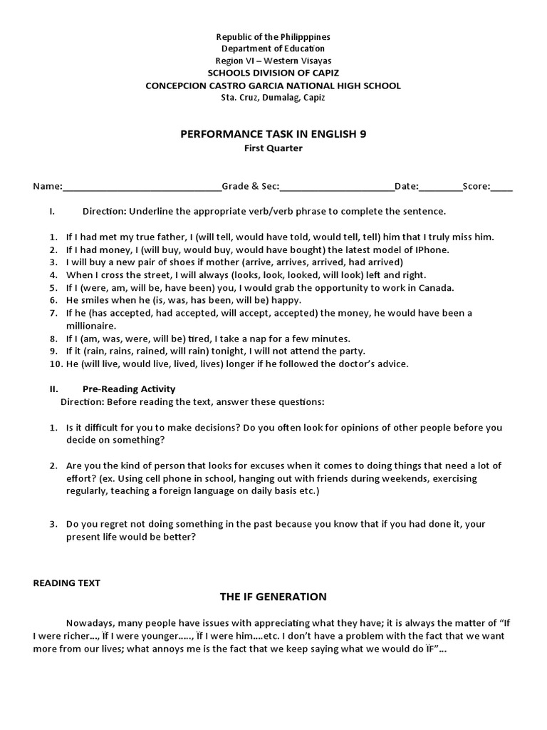 Performance Tasks in English 9 | PDF