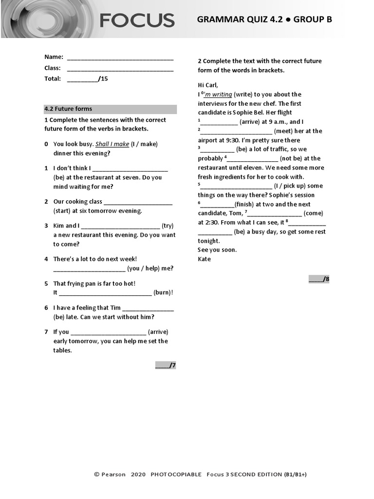 Focus3 2E Grammar Quiz Unit4 2 GroupB | PDF | Linguistic Morphology | Linguistics