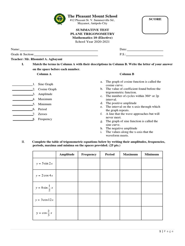 Summative Test | PDF | Trigonometric Functions | Maxima And Minima