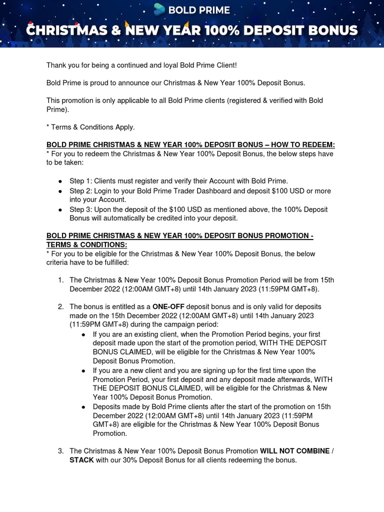 Bold Prime Christmas and New Year 100 Deposit Bonus TC | PDF | Business ...