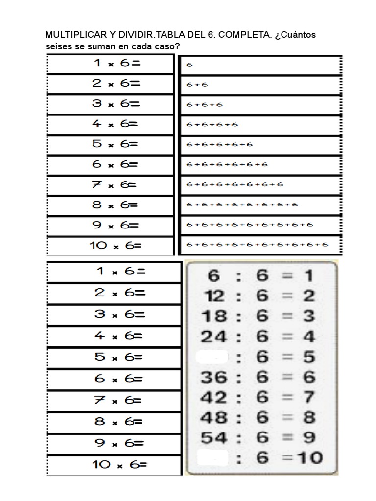 Tablas de multiplicar y división del 6 al 9 con ejercicios resueltos | PDF