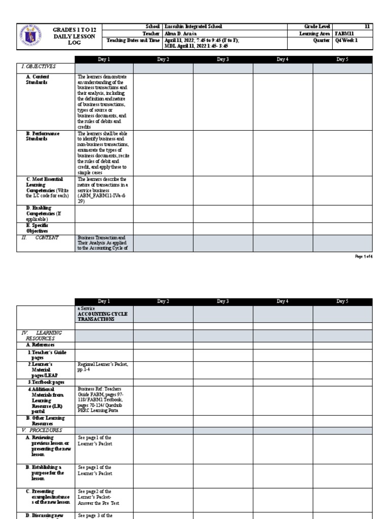 Grades 1 To 12 Daily Lesson LOG: Day 1 Day 2 Day 3 Day 4 Day 5 | PDF | Learning | Debits And Credits