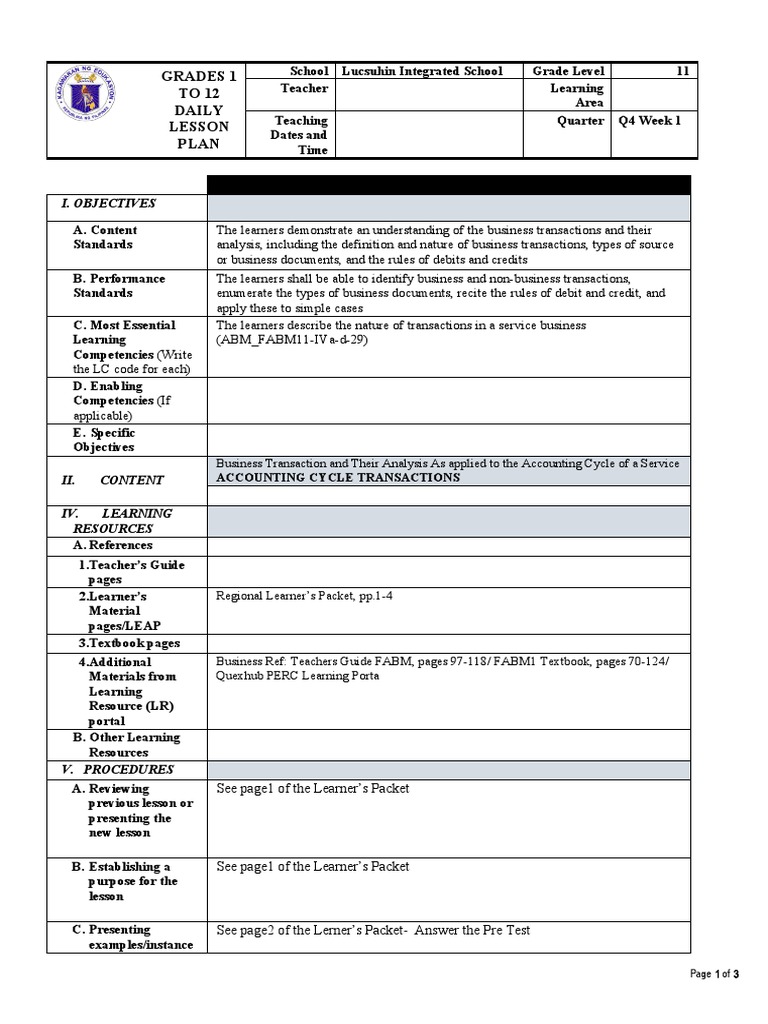 ABM - ADACUNA - FABM11 - DLP - Q4 - WEEK1 Sample DLP | PDF