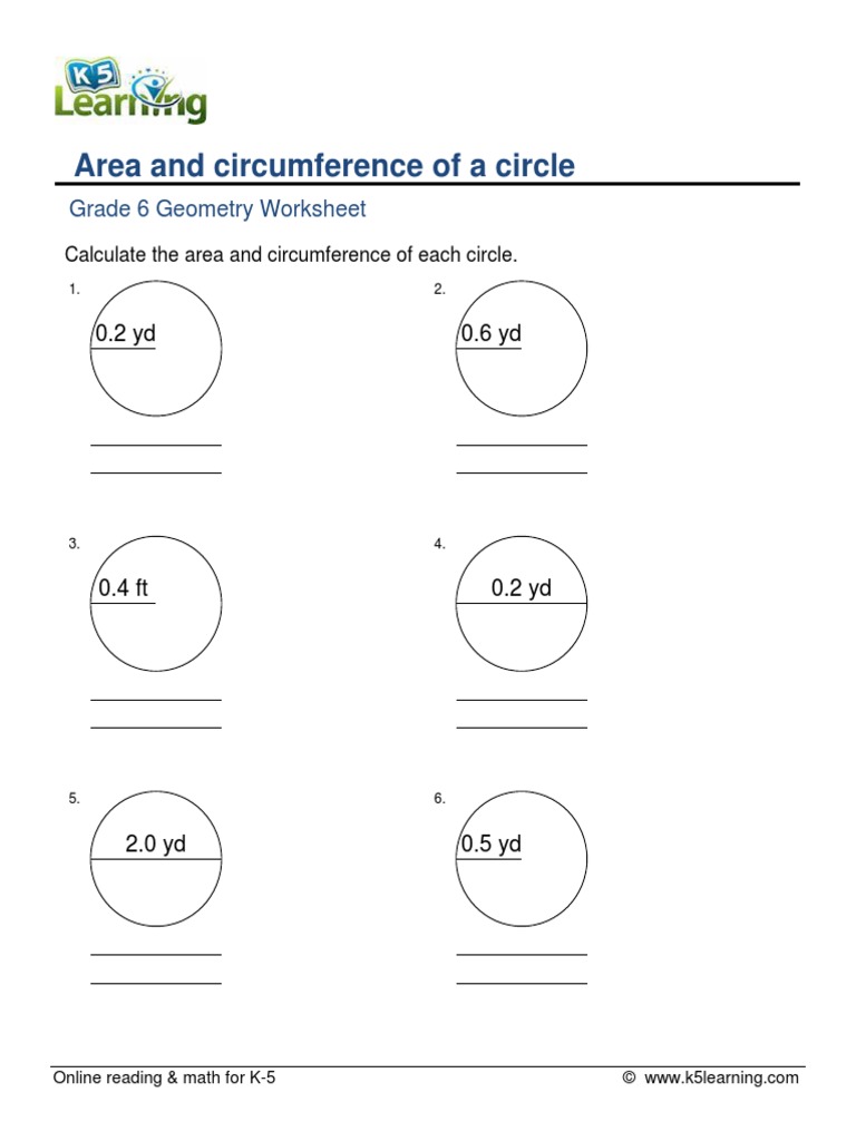 Grade 6 Geometry Worksheet - Area and Circumference of A Circle Oct | PDF