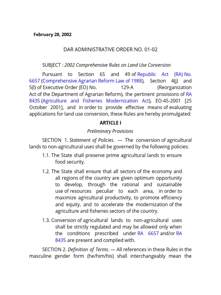 2002 Comprehensive Rules On Land Use Conversion, DAR Administrative ...