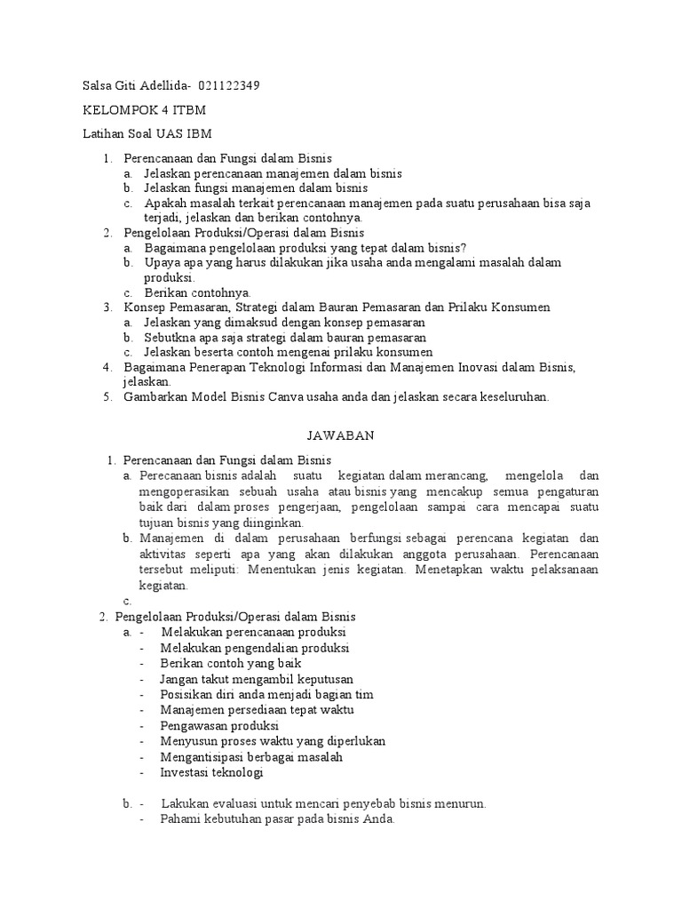 Latihan Soal UAS IBM - MGT 1 - HI - 2023 | PDF | Bisnis | Karier & Perkembangan