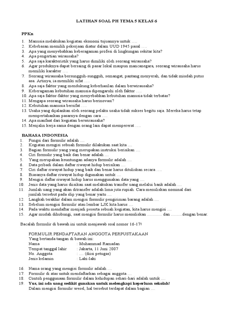 Latihan Soal PH Tema 5 Kelas 6 | PDF