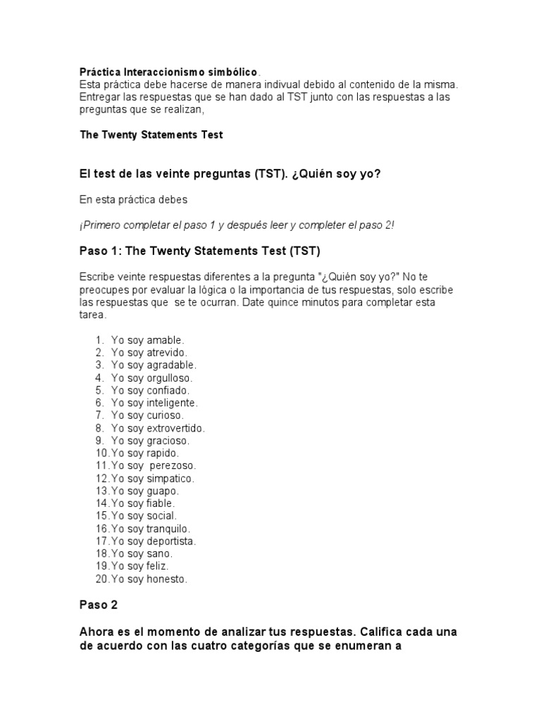 Práctica Bloque 8. Assignment 2 - Twenty Statements Test | PDF ...