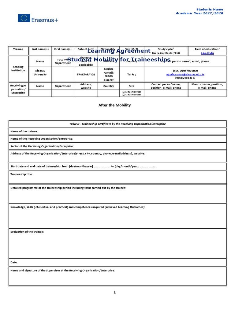 Learning Agreement Student Mobility For Traineeships | PDF | Academic ...