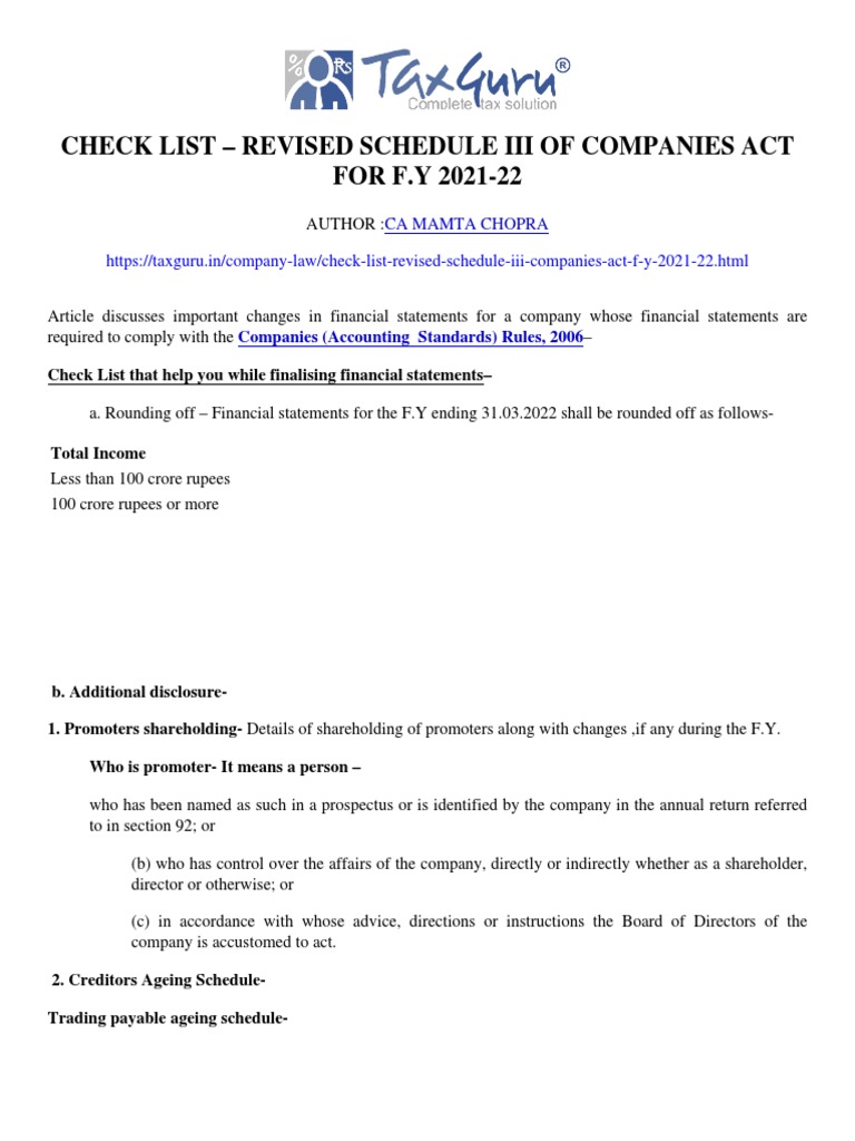 Check List – Revised Schedule III of Companies Act For F.Y 2021-22 - Taxguru - in | PDF | Loans ...