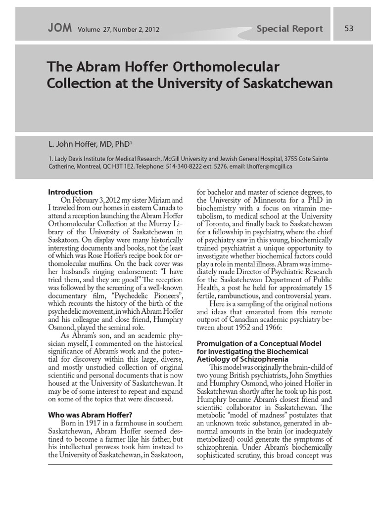 The Abram Hoffer Orthomolecular Collection at The University of ...