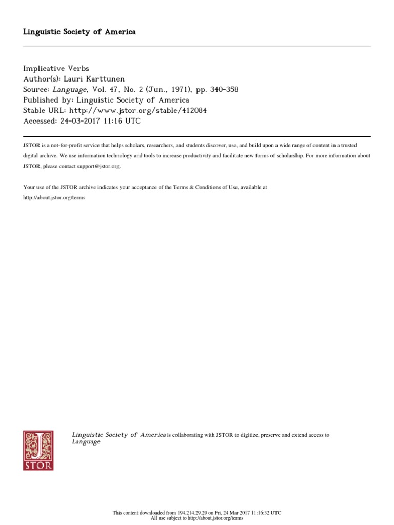 Lauri Karttunen Implicative Verbs | PDF | Logic | Truth