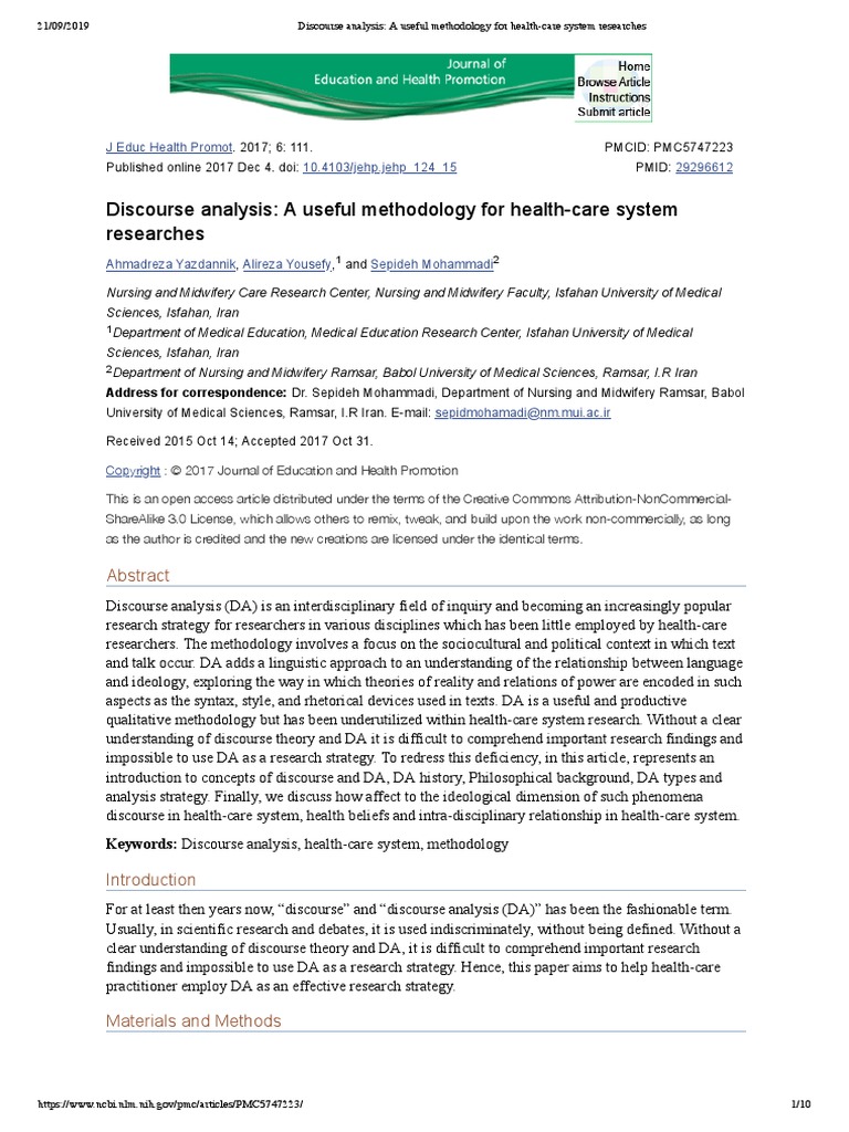 Discourse Analysis A Useful Methodology For Health Care System