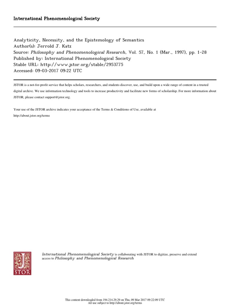 Jerrold J. Katz Analyticity Necessity and The Epistemology of Semantics ...