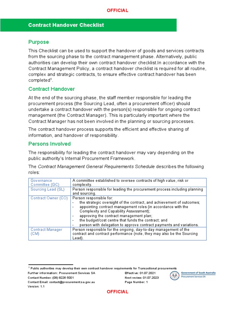 Contract Handover Checklist v1.1 | PDF | Procurement | Accountability