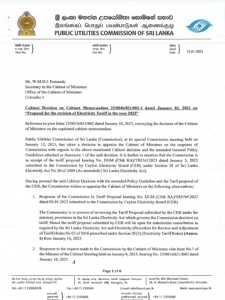 PUCSL Letter To Cabinet Secretary | PDF