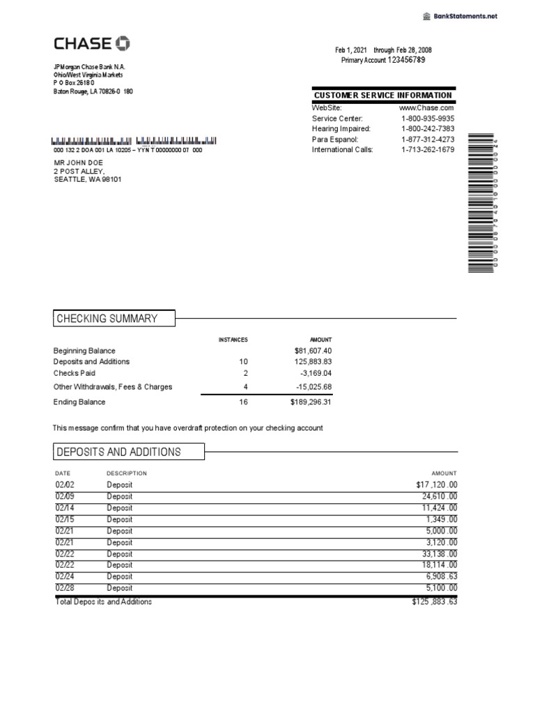 February 2021 Bank Statement for John Doe Showing Multiple Deposits ...