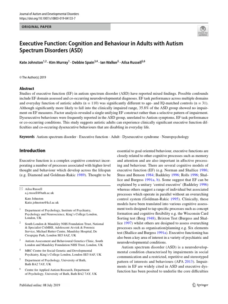 Executive Function Cognition and Behaviour in Adults With Spectrum Disorders | PDF | Autism ...