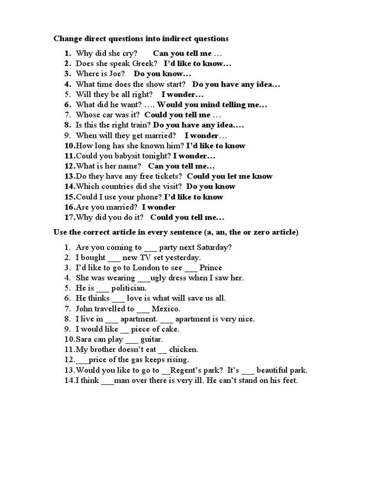 Indirect Questions, Articles, Future Forms | PDF