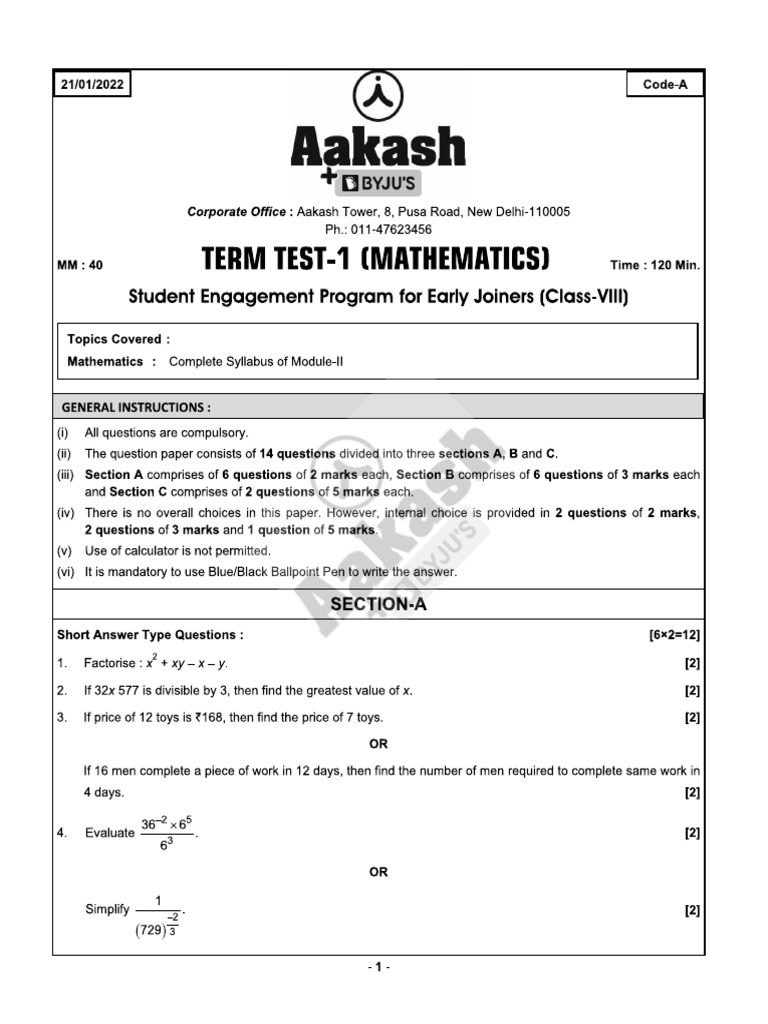 AAKASH SEP_Term Test-01A (C-08) - Maths (21-01-2022) | PDF